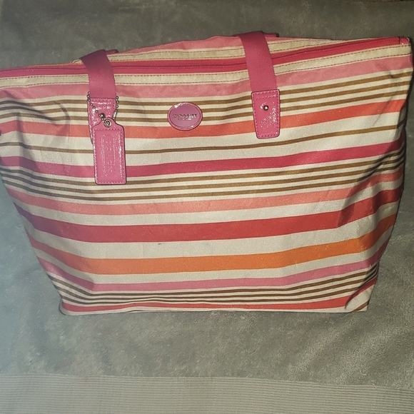 Coach | Bags | Coach Striped Pink And Brown Tote Bag | Poshmark